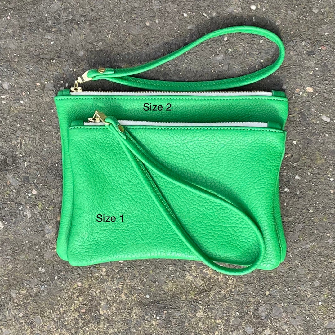 Bright Green Leather Clutch, Green Leather Purse With Wrist Strap ...
