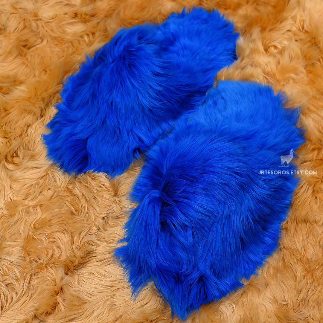 Blue Alpaca Fur Slippers, Soft & Plush Slippers, Slippers Women, Alpaca ...