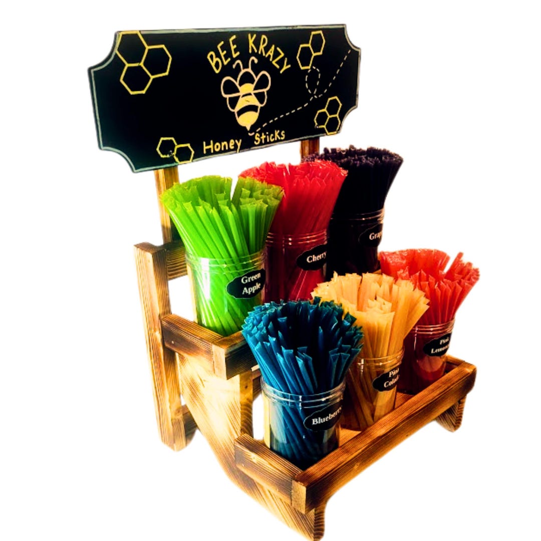 Bee Krazy Honey Sticks Display: 300 Sticks, 6 Jars & Labels - Wooden ...