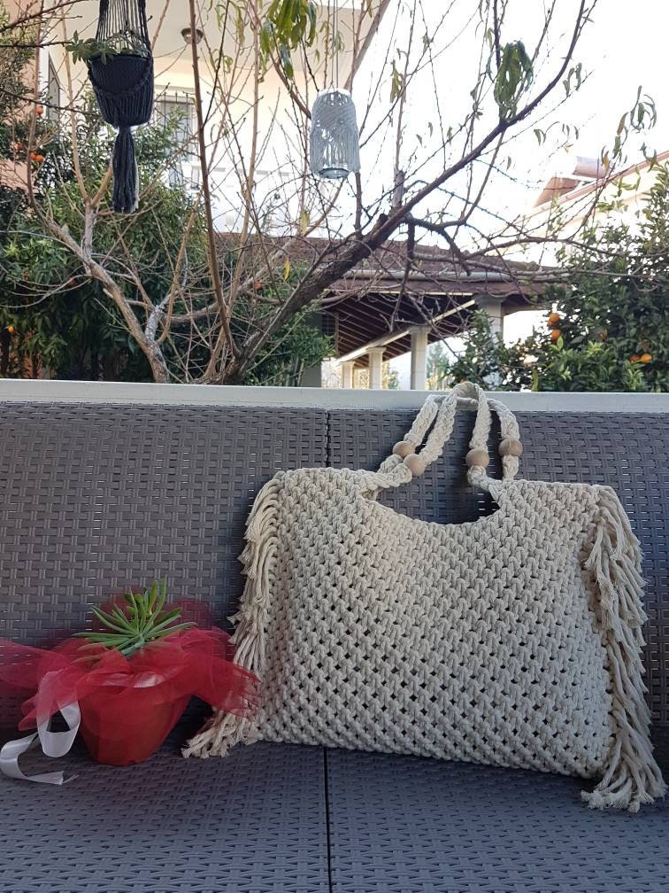 Latte Macrame Bag With Handles, Mothers Days Gift Idea, Summer Macrame ...