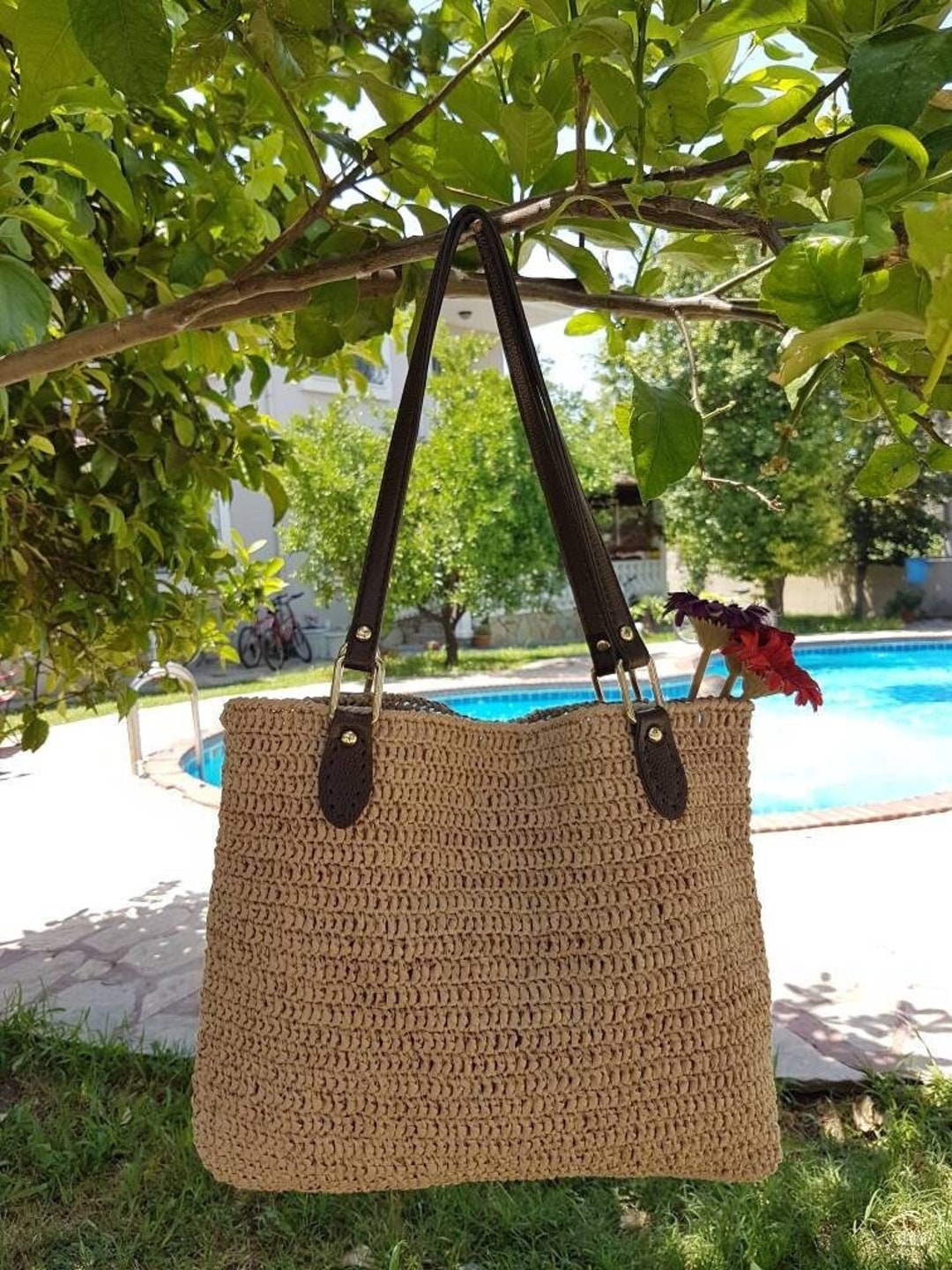 Natural Craft Raffia Bag With Leather Handles, Summer Raffia Bag, Boho ...