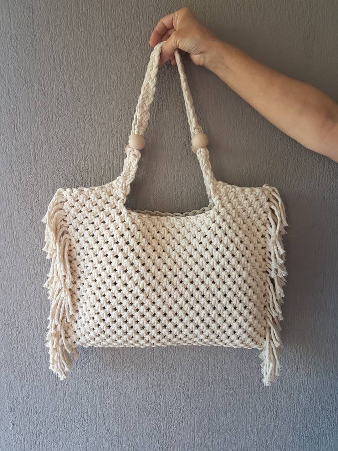 Natural Macrame Fringe Bag With Handles, Fringe Beach Bag, Summer Bag ...