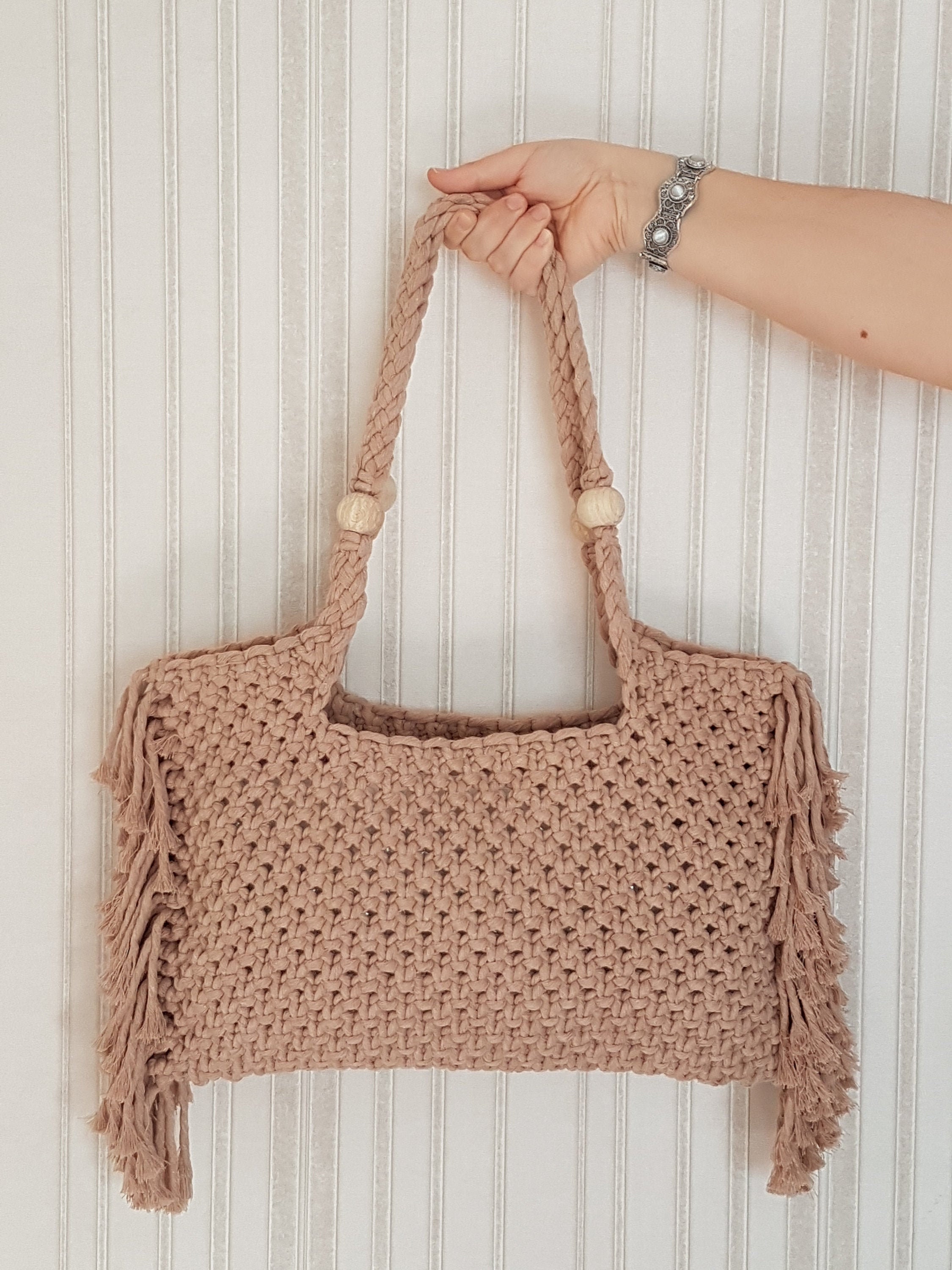 Latte Macrame Bag With Handles, Mothers Days Gift Idea, Summer Macrame ...