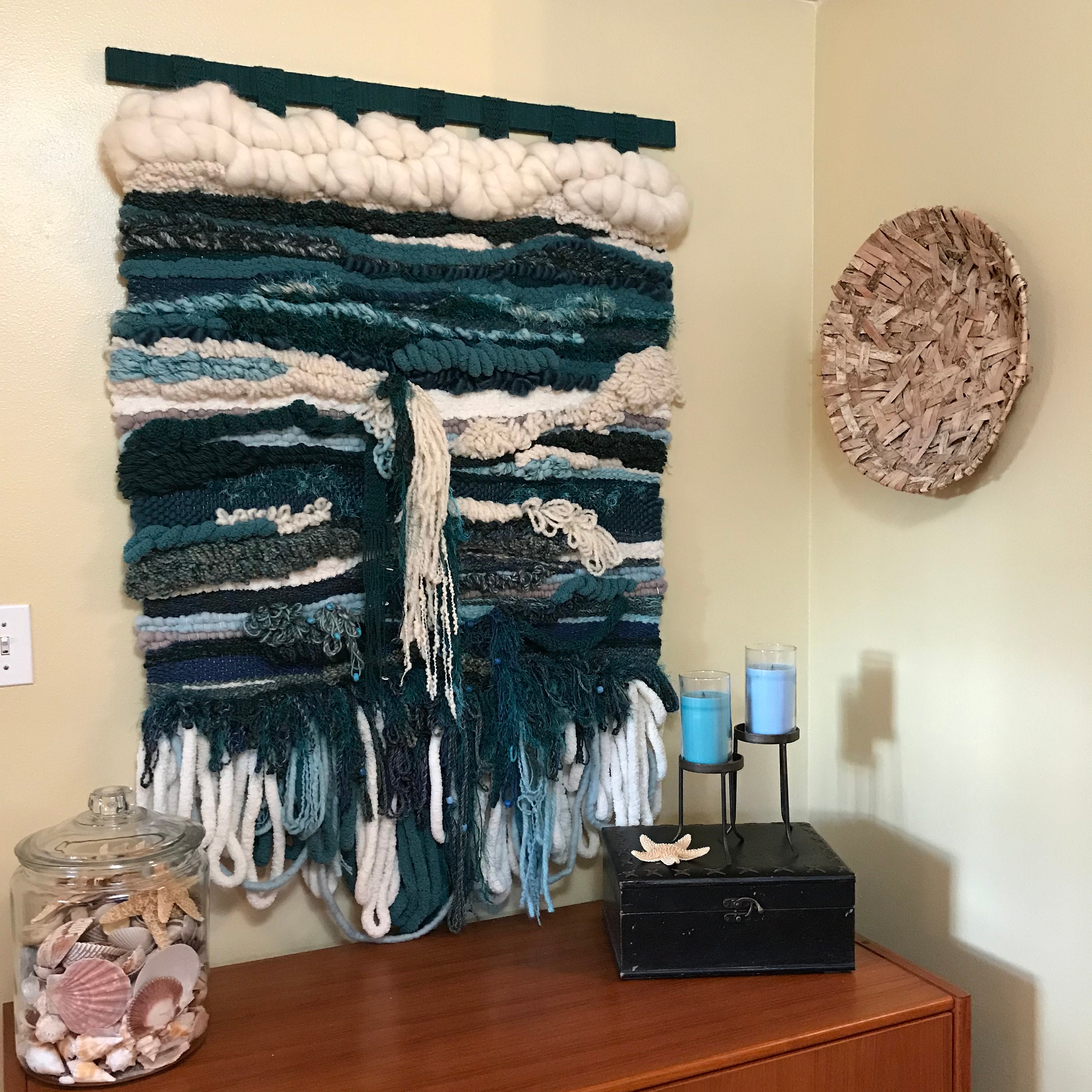 Extra Large Blue Green and Ivory Ocean Wall Hanging, Big Waves Surf ...
