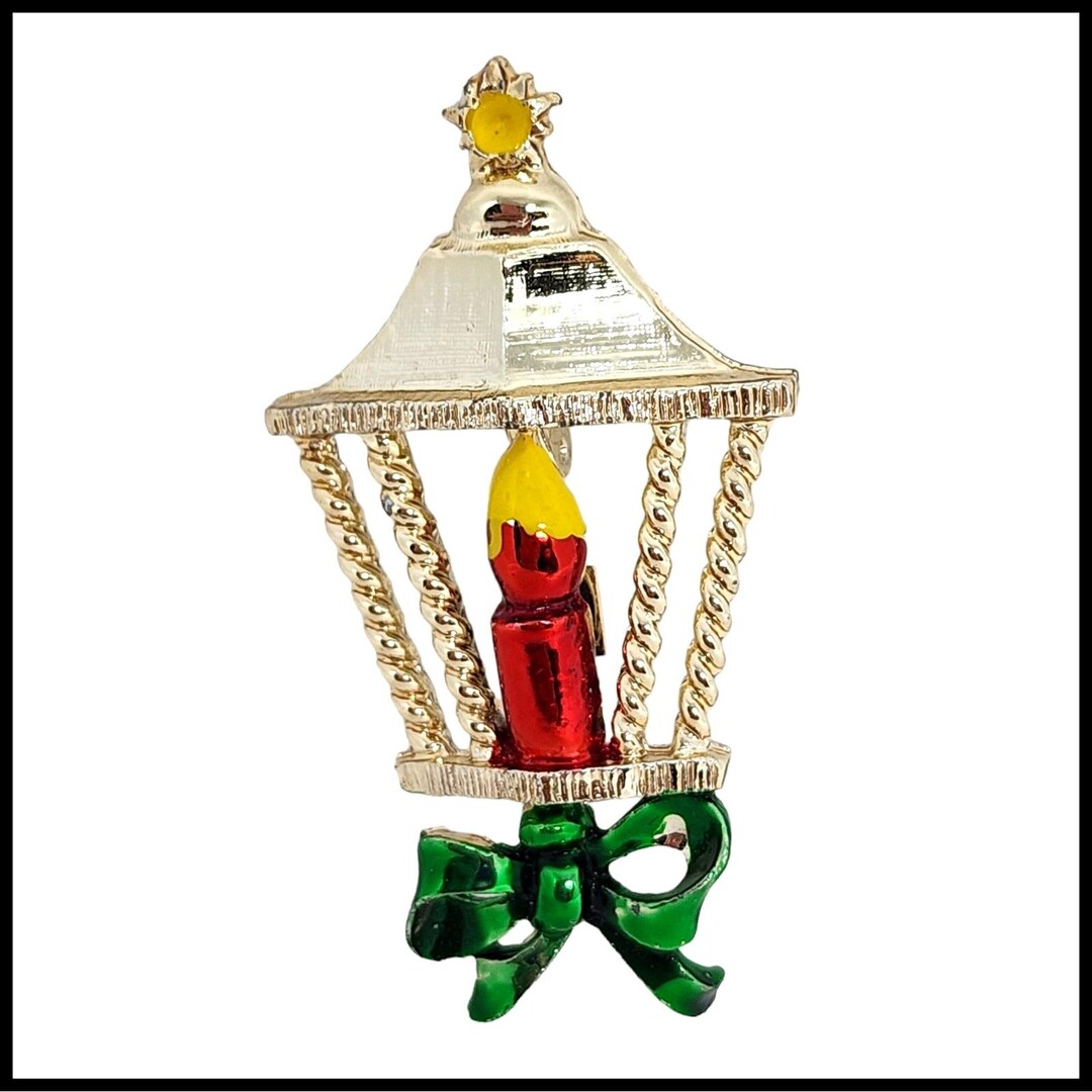 Vintage Christmas Lantern Candle Lamp Post Enamel Green Red Yellow Pin ...