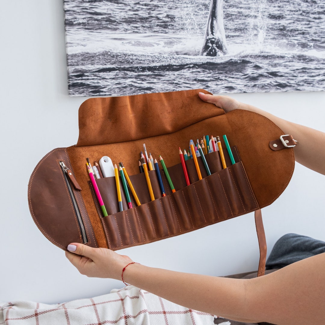 Custom Leather Artist Roll,large Leather Pencil Case,pencil Wrap,artist ...