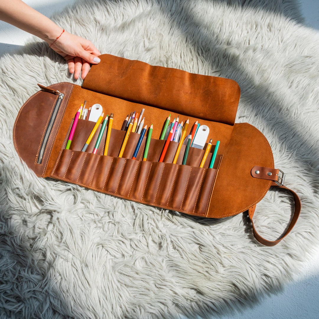 Handmade Leather Pencil Roll, Paint Brush Roll Up, Leather Pencil Case ...