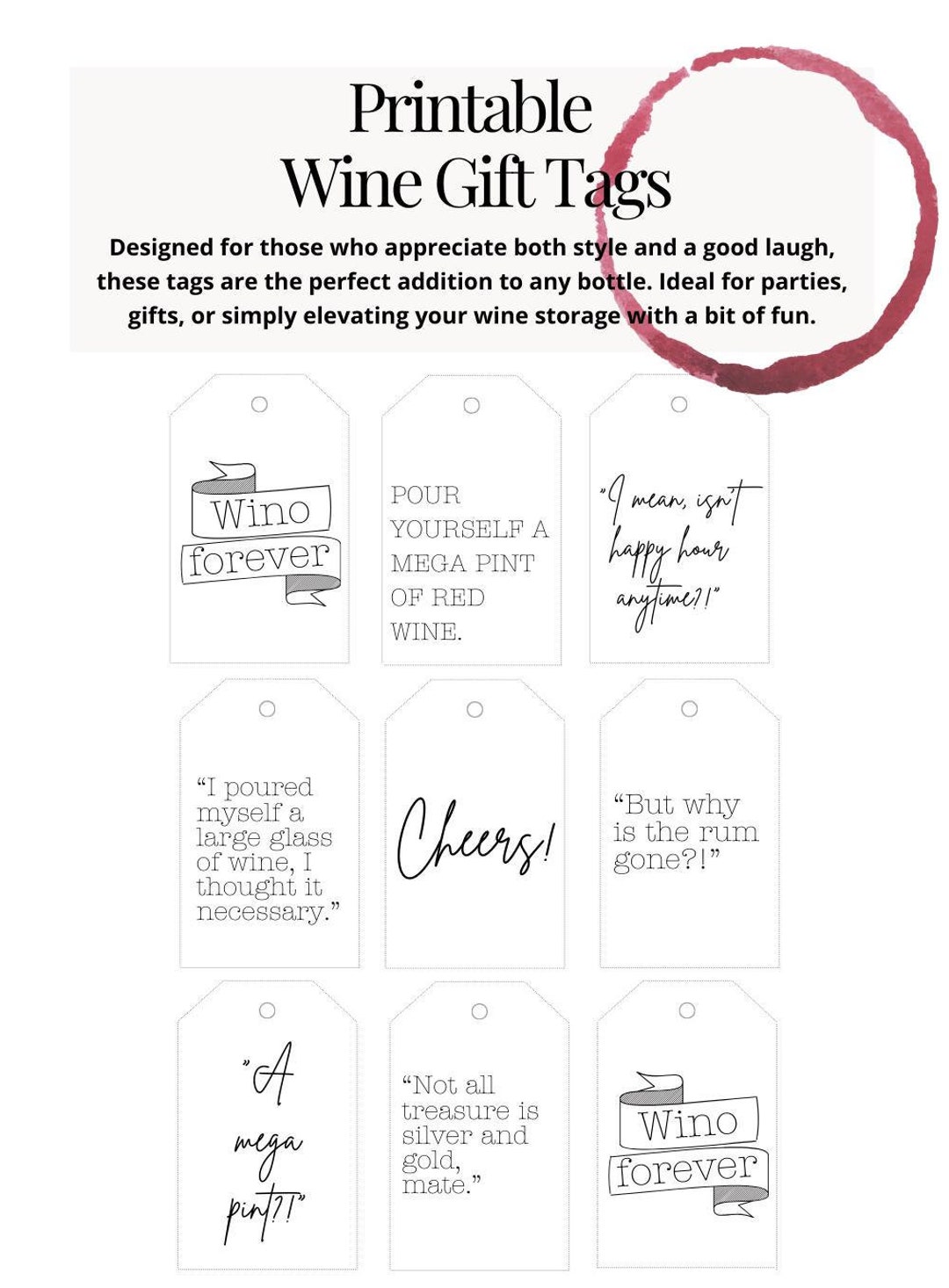 Wino Forever Printable Wine & Alcohol Gift Tags Featuring Witty Sayings ...