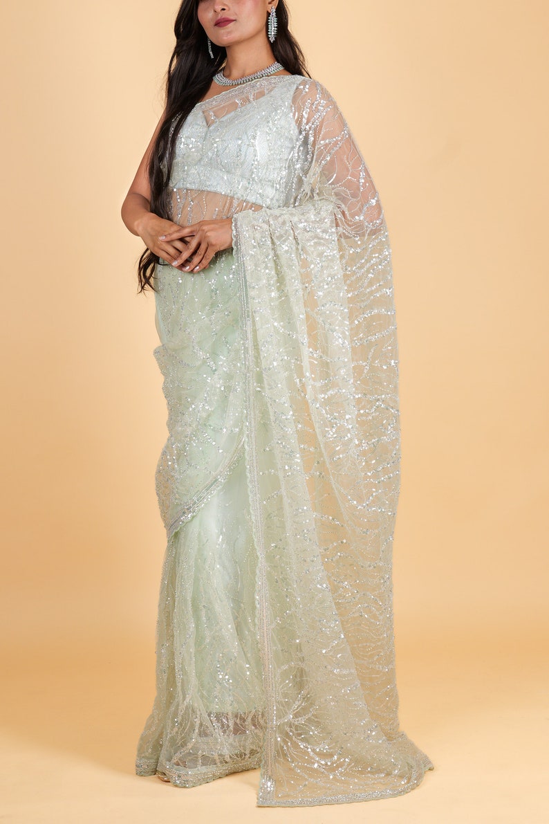 Net Designer Saree With Sequin Work - Green - Etsy