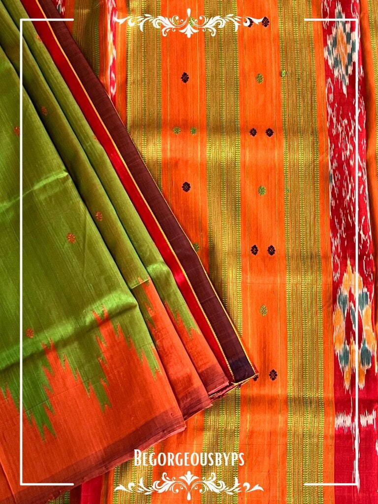 Berhampuri Double Pallu Silk Saree Multicolor Aanchal Saree Color Green ...