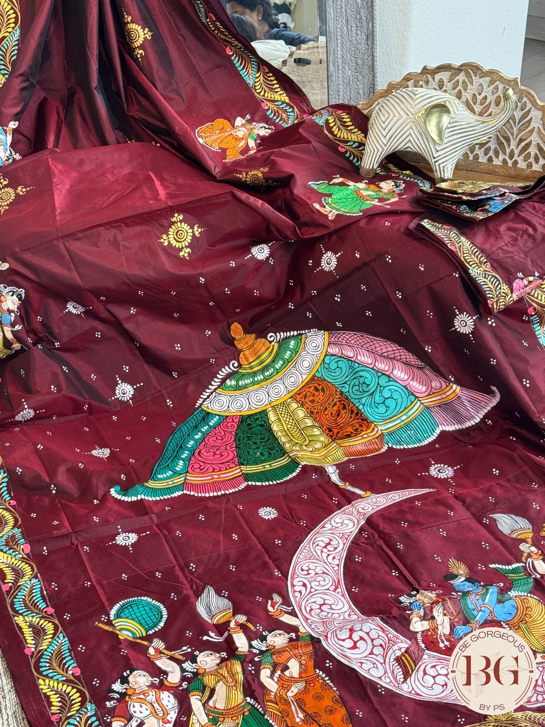 Pattachitra Half Moon Krishna Leela Hand Painted Saree on Pure ...