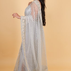 Net Designer Saree With Thread Embroidery and Sequin Work - Bluish Grey ...