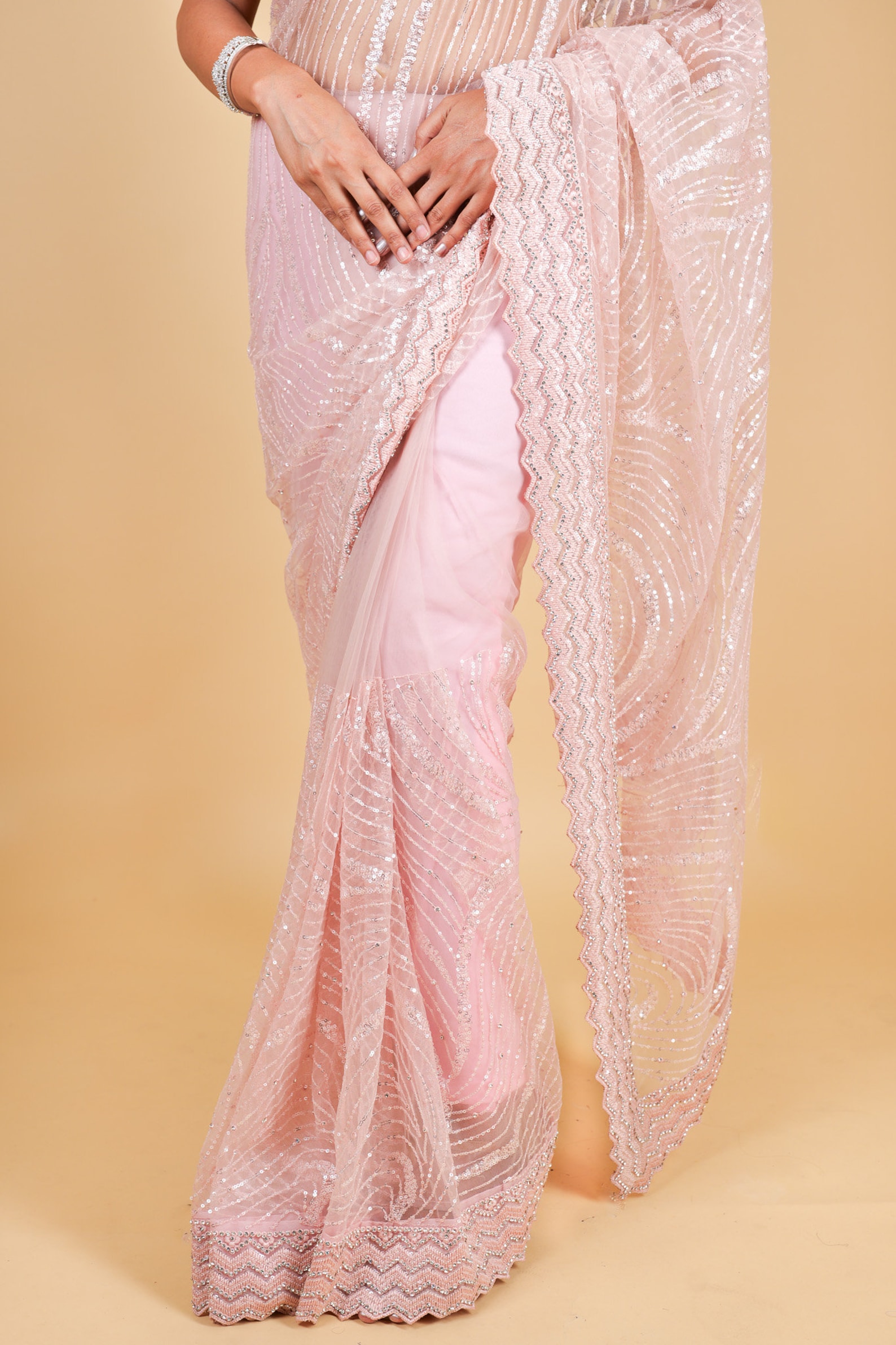 Net Designer Saree With Thread Embroidery and Sequin Work - Pink Color ...