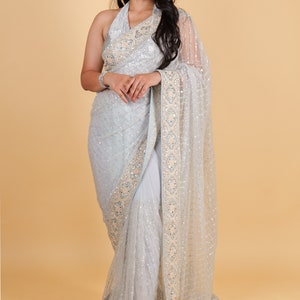 Net Designer Saree With Thread Embroidery and Sequin Work - Bluish Grey ...