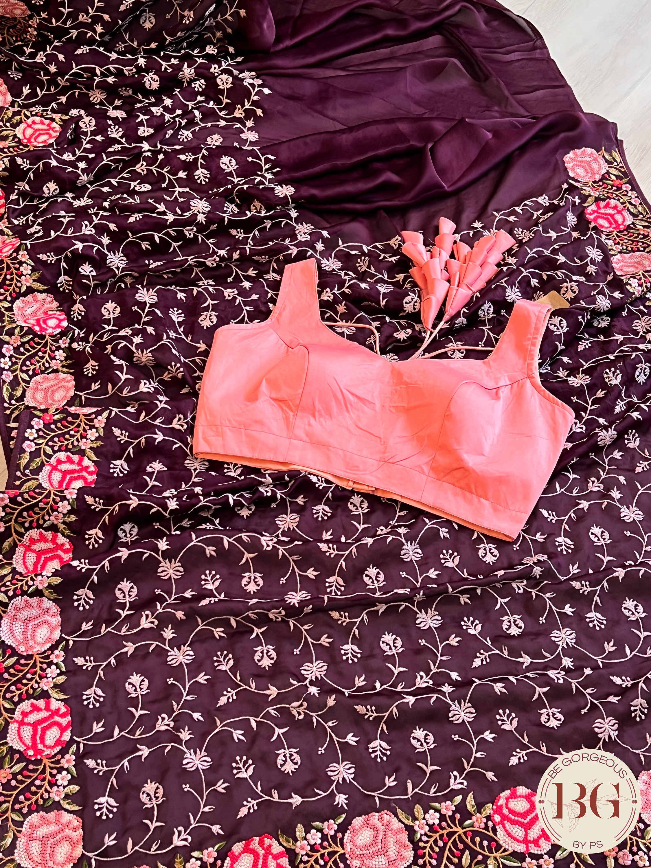 Satin Saree With Beautiful Embroidery. Very Soft Flowy - Etsy