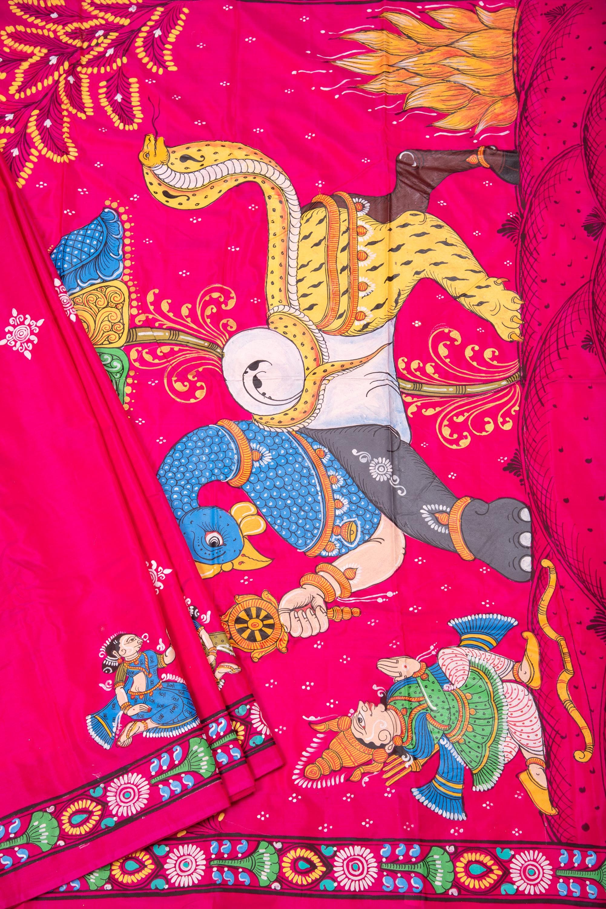 Pattachitra Hand Painted Saree on Pure Silk - Navagunjara Theme ...
