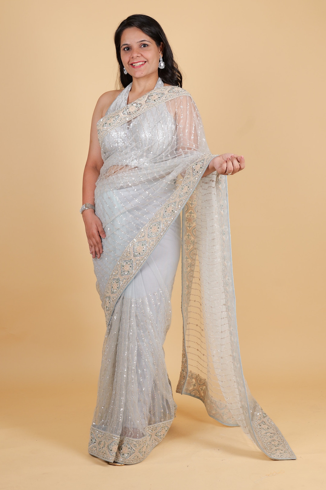 Net Designer Saree With Thread Embroidery and Sequin Work - Bluish Grey ...
