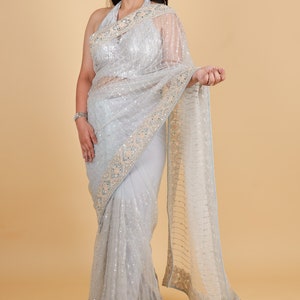 Net Designer Saree With Thread Embroidery and Sequin Work - Bluish Grey ...