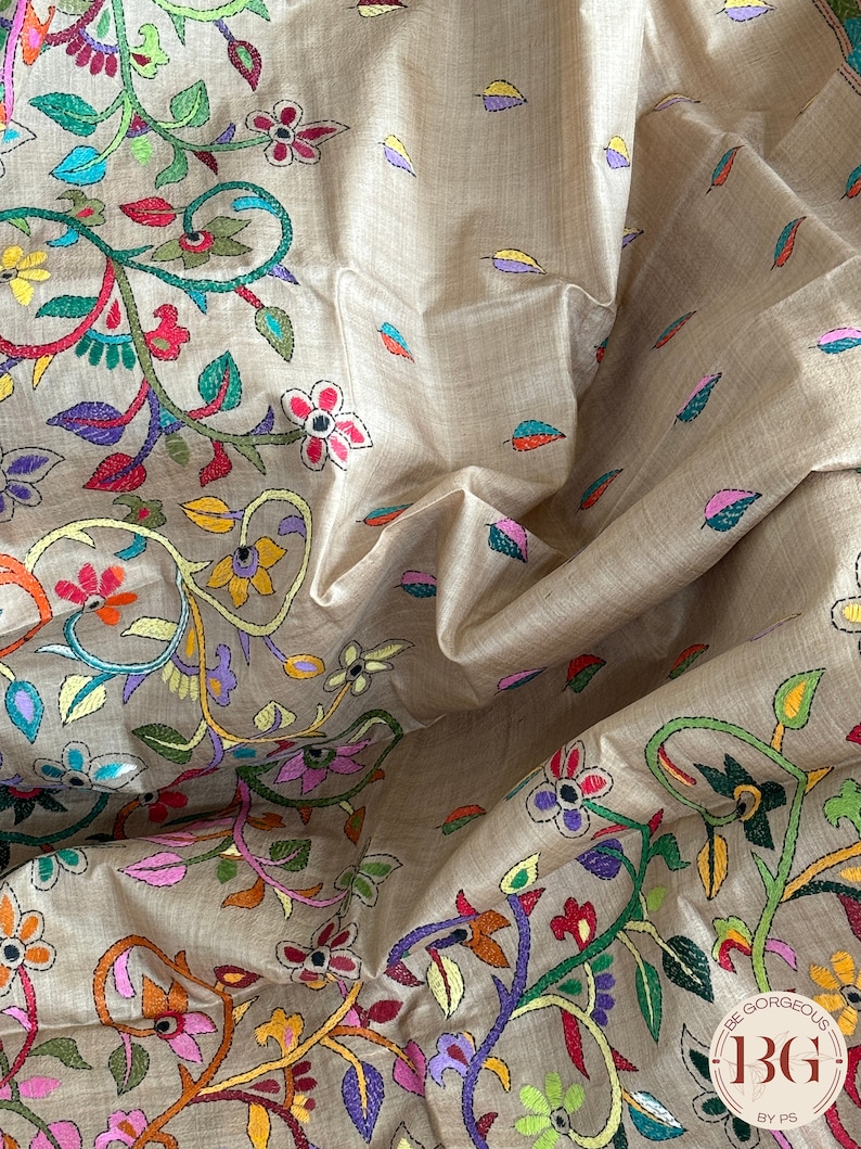 Kantha Stitch Saree on Tussar Silk Beige Multicolor - Etsy