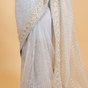 Net Designer Saree With Thread Embroidery and Sequin Work - Bluish Grey ...