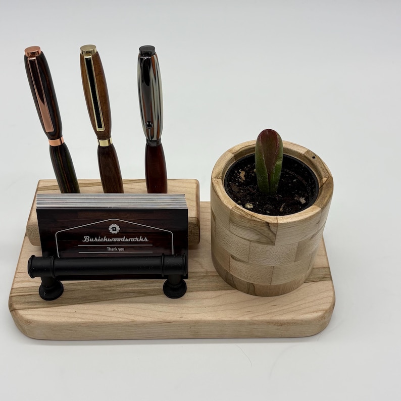 Handcrafted Wooden Desk Organizer With Pen, Business Card Holder ...