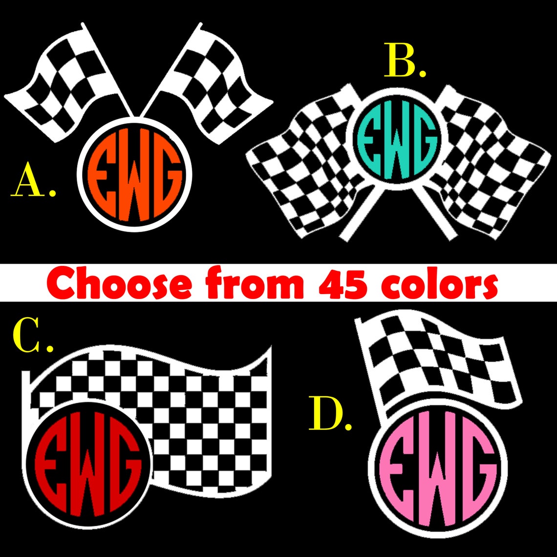 Checkered Flags Racing Monogram Decal Sticker, Choose From 45+ Colors ...