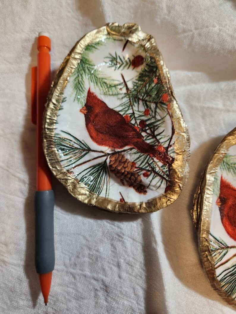 Cardinal Decoupage Oyster Shell Christmas Ornament: Handmade Memorial ...