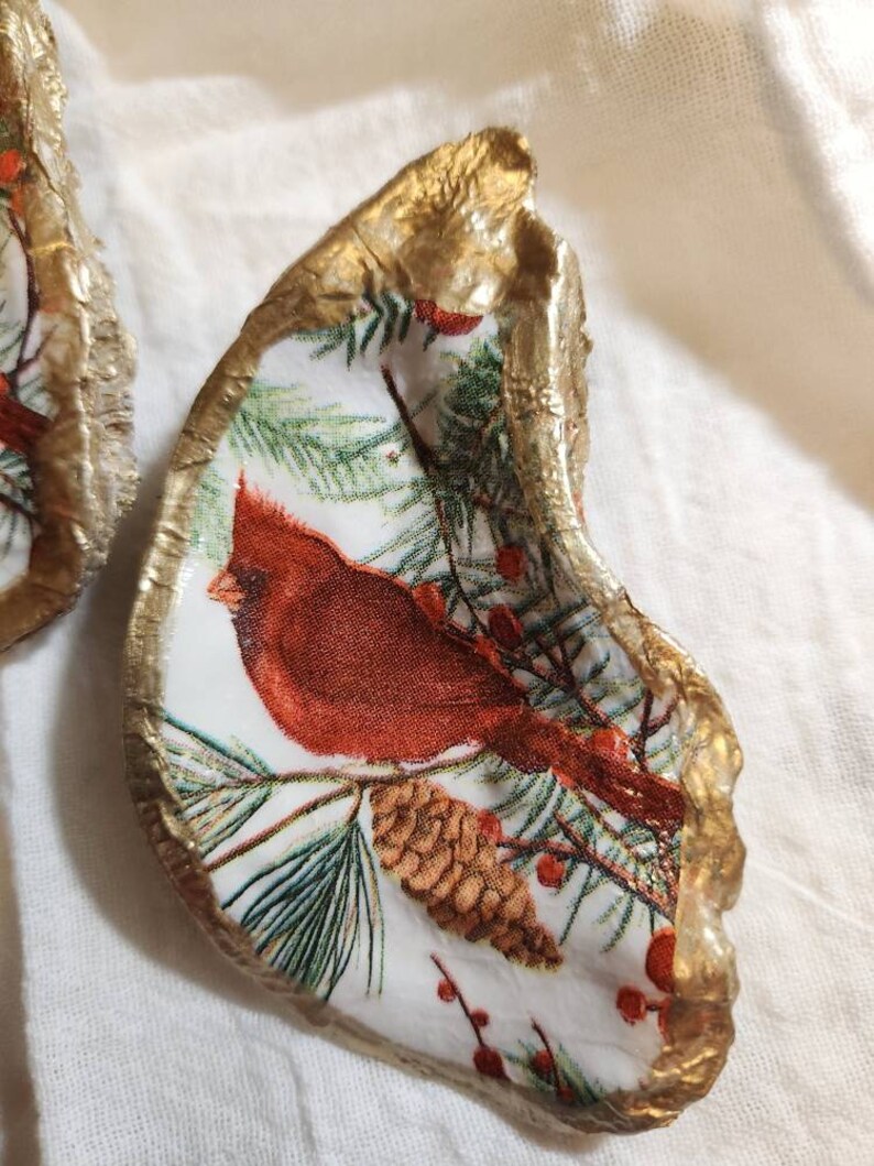 Cardinal Decoupage Oyster Shell Christmas Ornament: Handmade Memorial ...