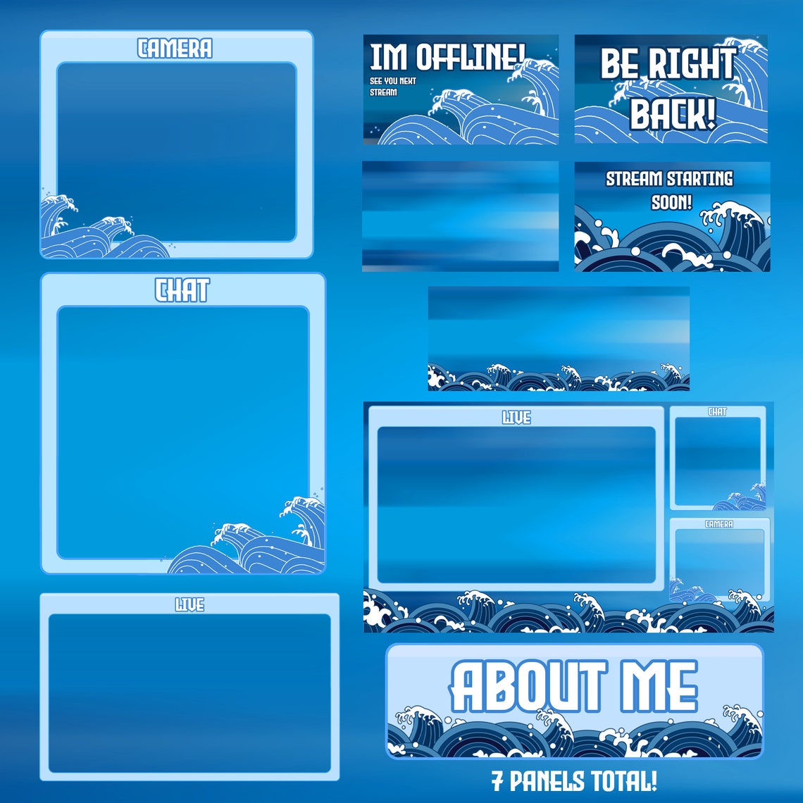 Blue Japanese Wave Themed Full Twitch Stream Overlay With | Etsy