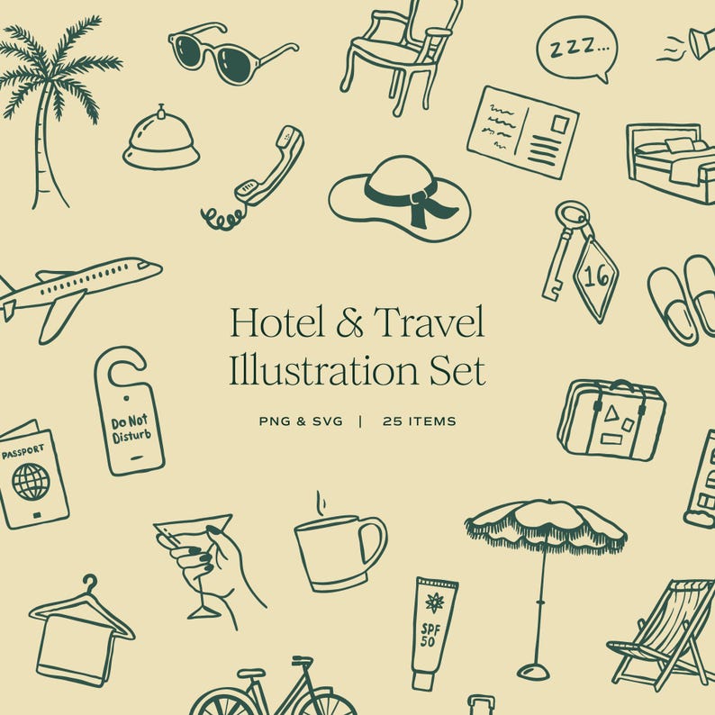 Hotel & Travel Hand-drawn Illustration Set - Etsy