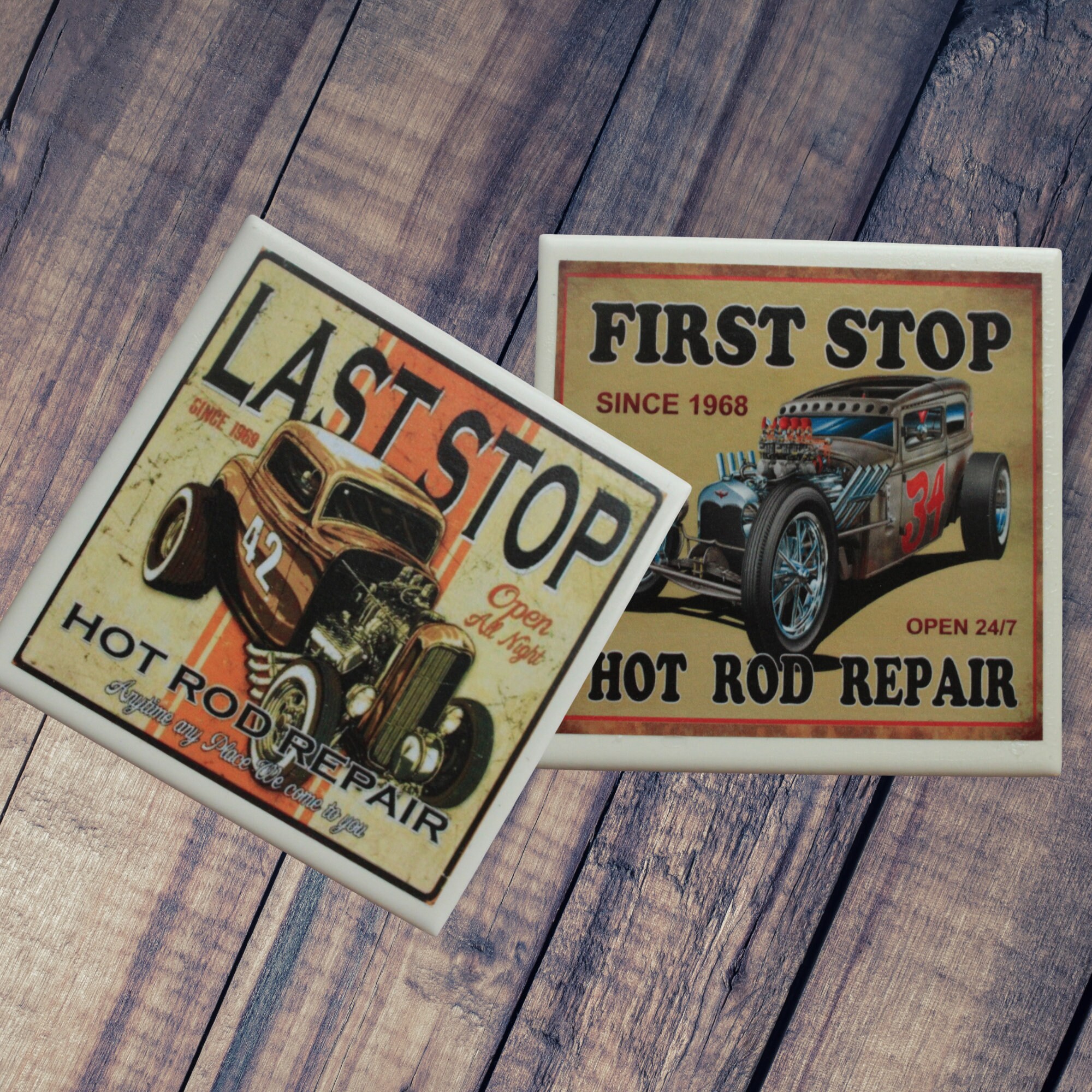 Hot Rod Garage Sublimated Coaster Set, Ceramic Tile Coasters, Street ...