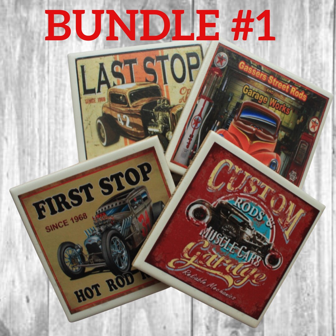 Hot Rod Garage Sublimated Coaster Set, Ceramic Tile Coasters, Street ...