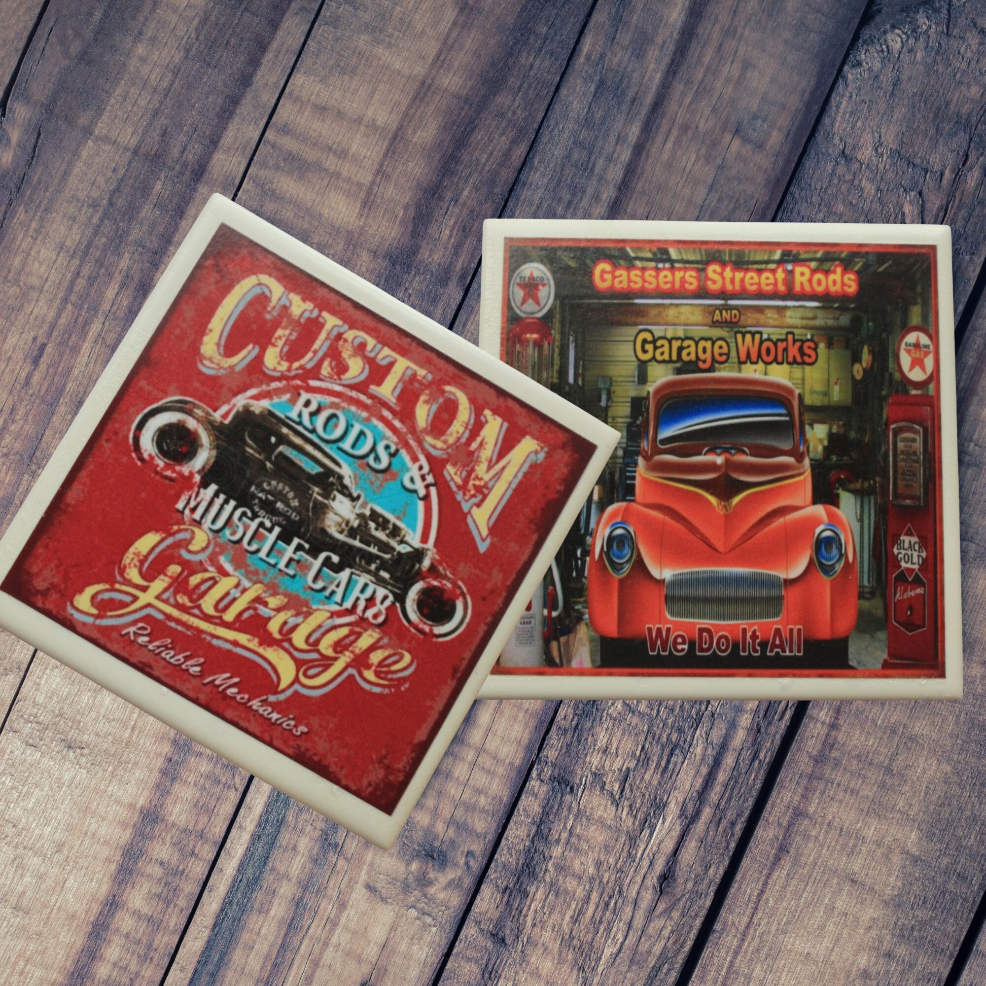 Hot Rod Garage Sublimated Coaster Set, Ceramic Tile Coasters, Street ...