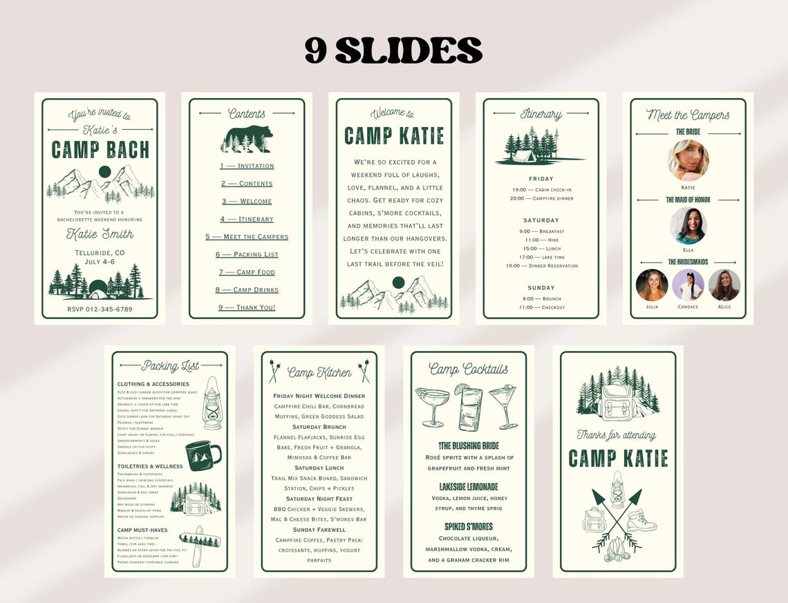 CAMP BACH ITINERARY | Mobile Bachelorette Party Invitation | Camping ...