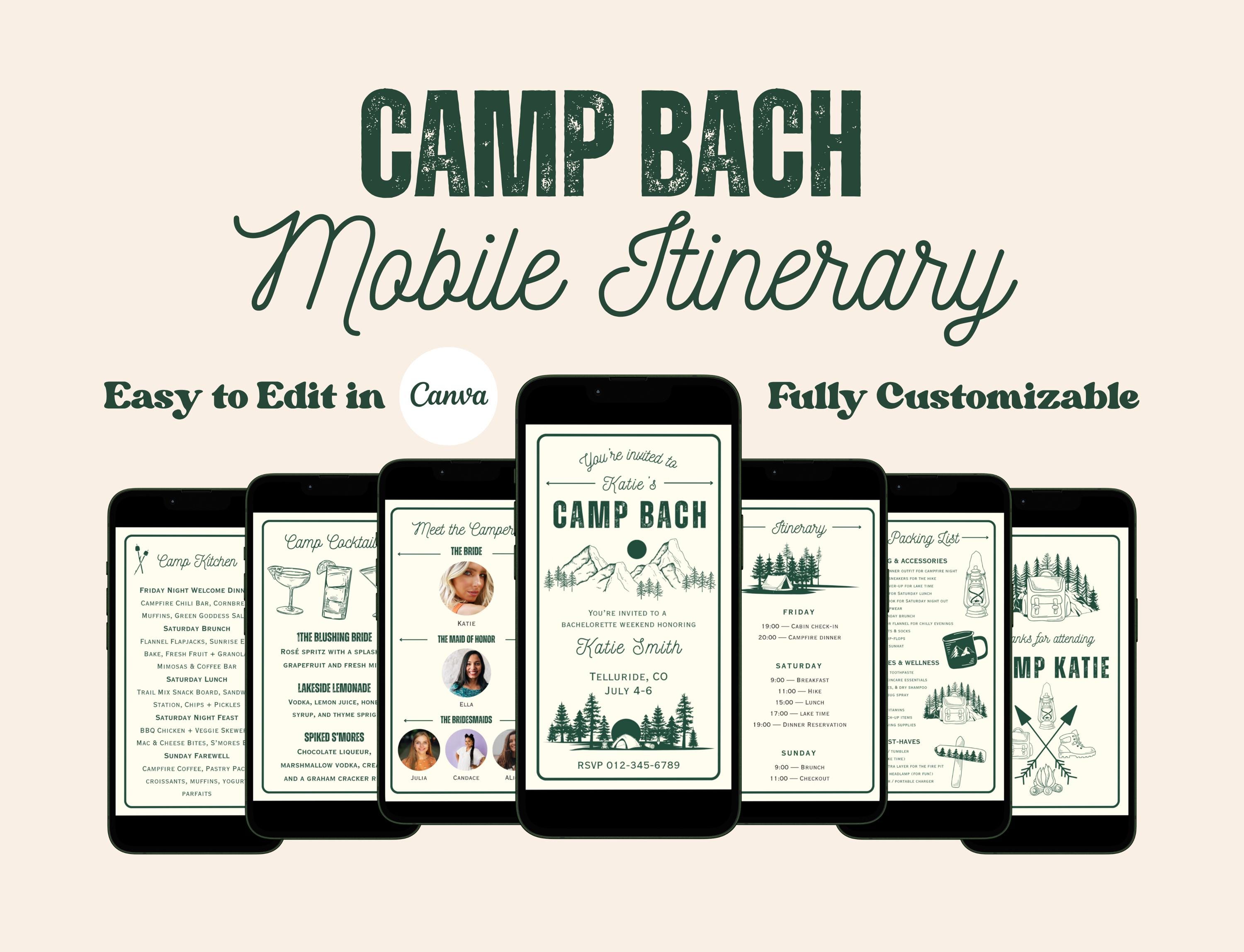 CAMP BACH ITINERARY | Mobile Bachelorette Party Invitation | Camping ...