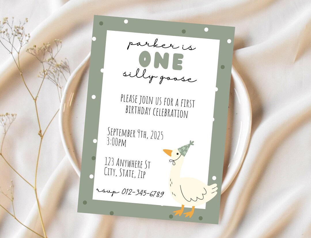 ONE SILLY GOOSE | First Birthday Invitation | Canva Template | Editable ...