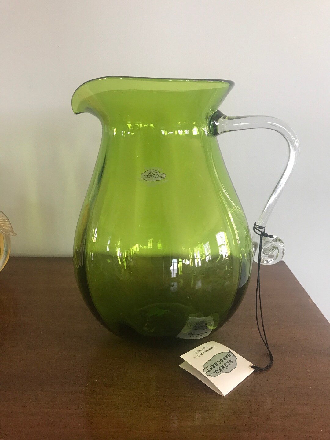 Blenko Emerald Green 64oz Pitcher W/applied Clear Handle - Etsy