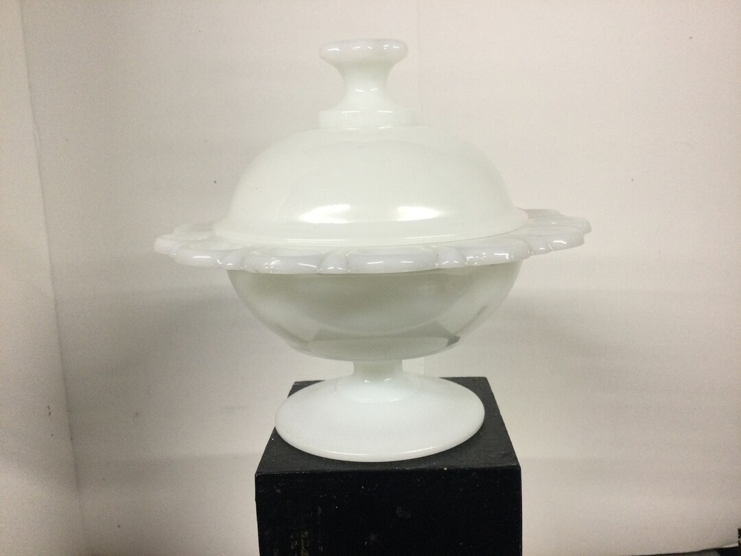 Milk Glass Open Lace Lidded Pedestal Candy / Mayonaize Dish 6” T 7 ...
