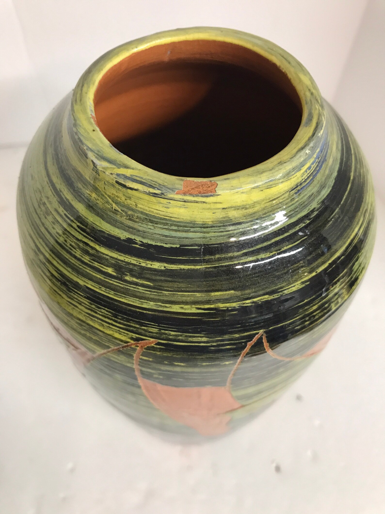 IRIE Ceramic Pottery Vase Leaf Carved Under Glaze 10” T 4.5” W 2 ...