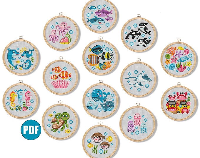 Set of 14 Sea Animals Cross Stitch Patterns Pdf Dolphin Orca Jellyfish ...