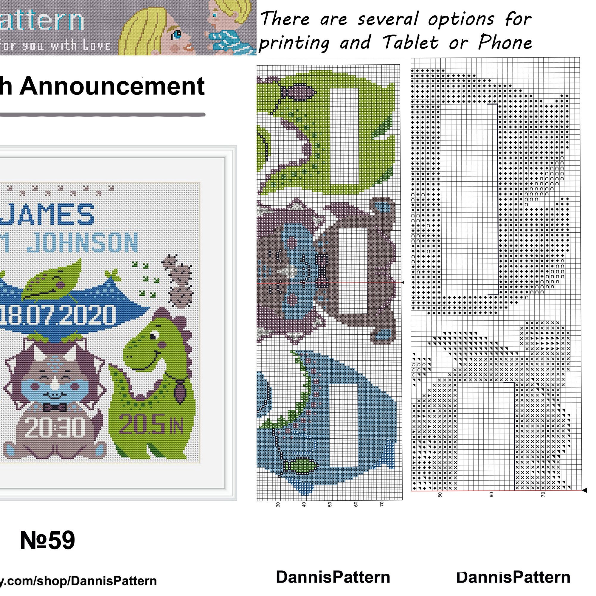 Birth Announcement Dinosaur 59 Modern Cross Stitch Pattern - Etsy