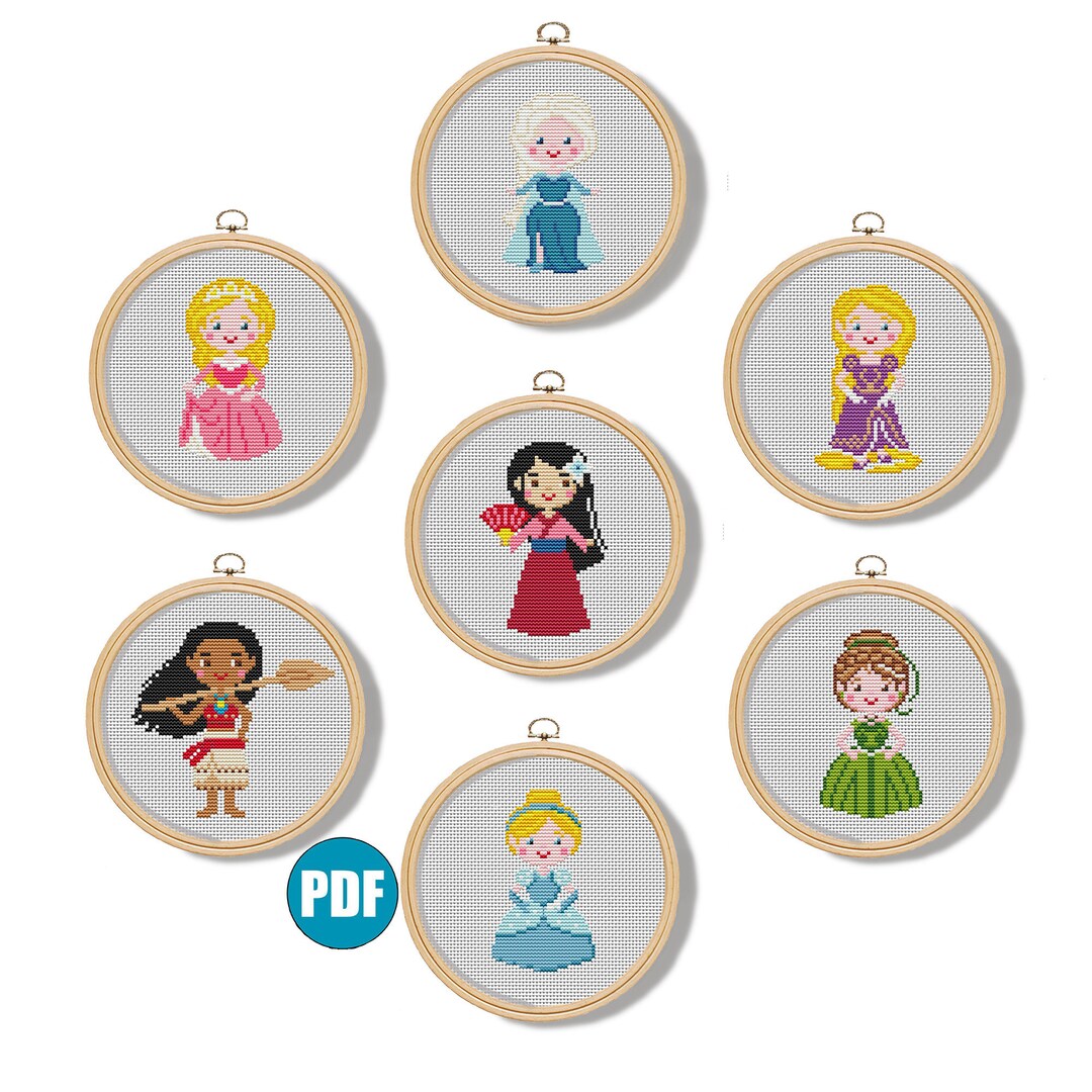 Princesses Cross Stitch Pattern Pdf 121 Moana, Aurora, Mulan, Rapunzel ...