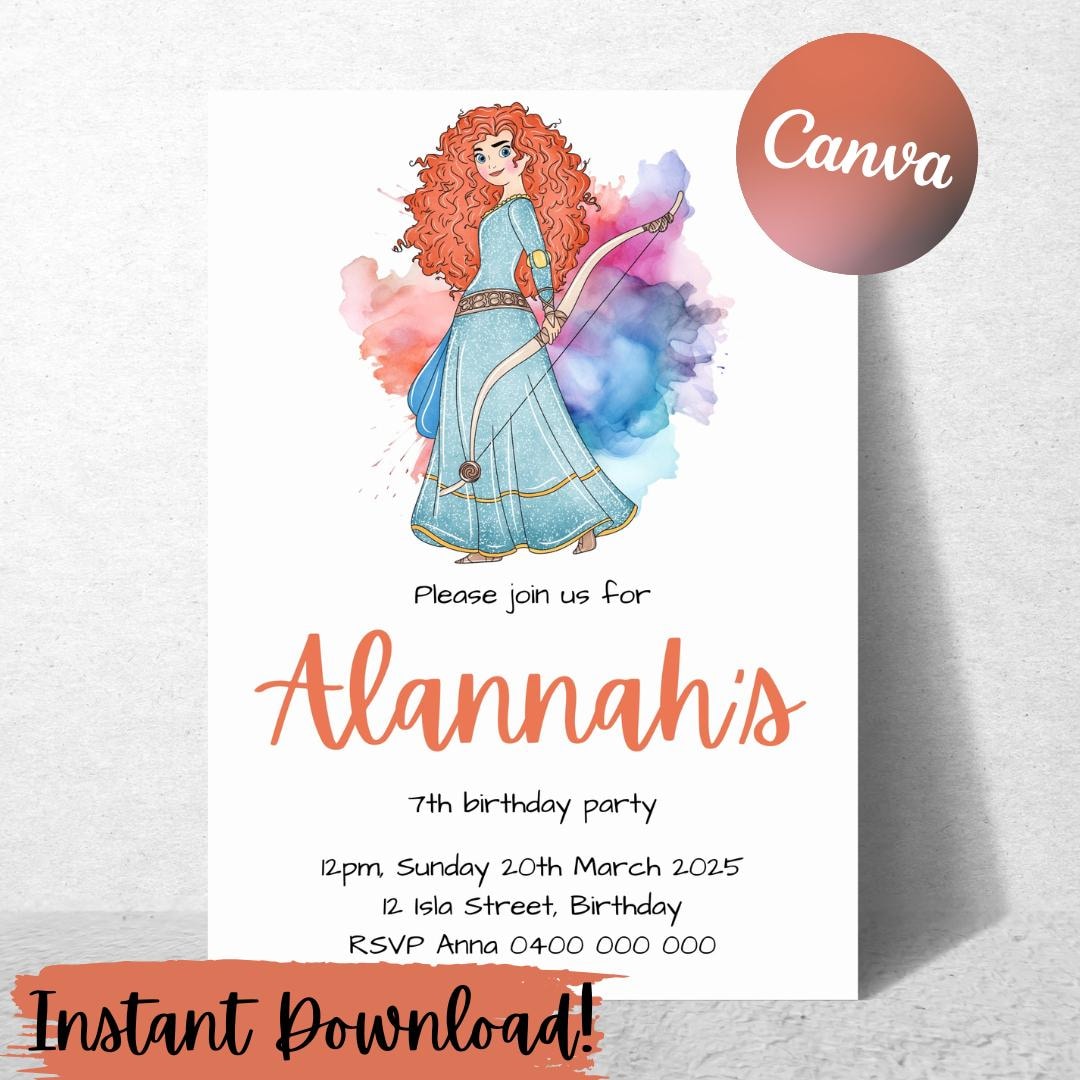 Merida Brave Birthday Invitation | Editable Digital Invite | Princess ...