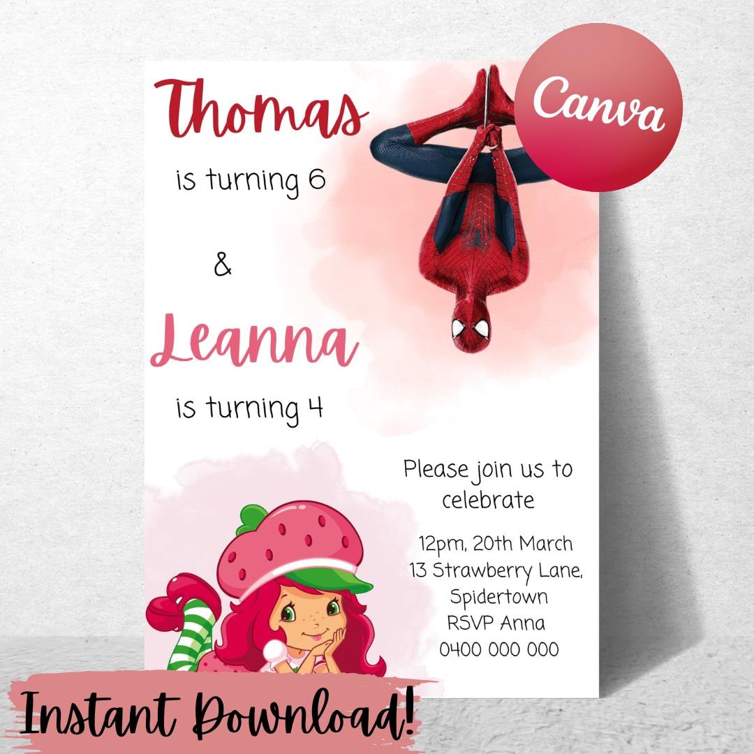 Strawberry Shortcake & Spiderman Birthday Invitation | Digital Invite ...