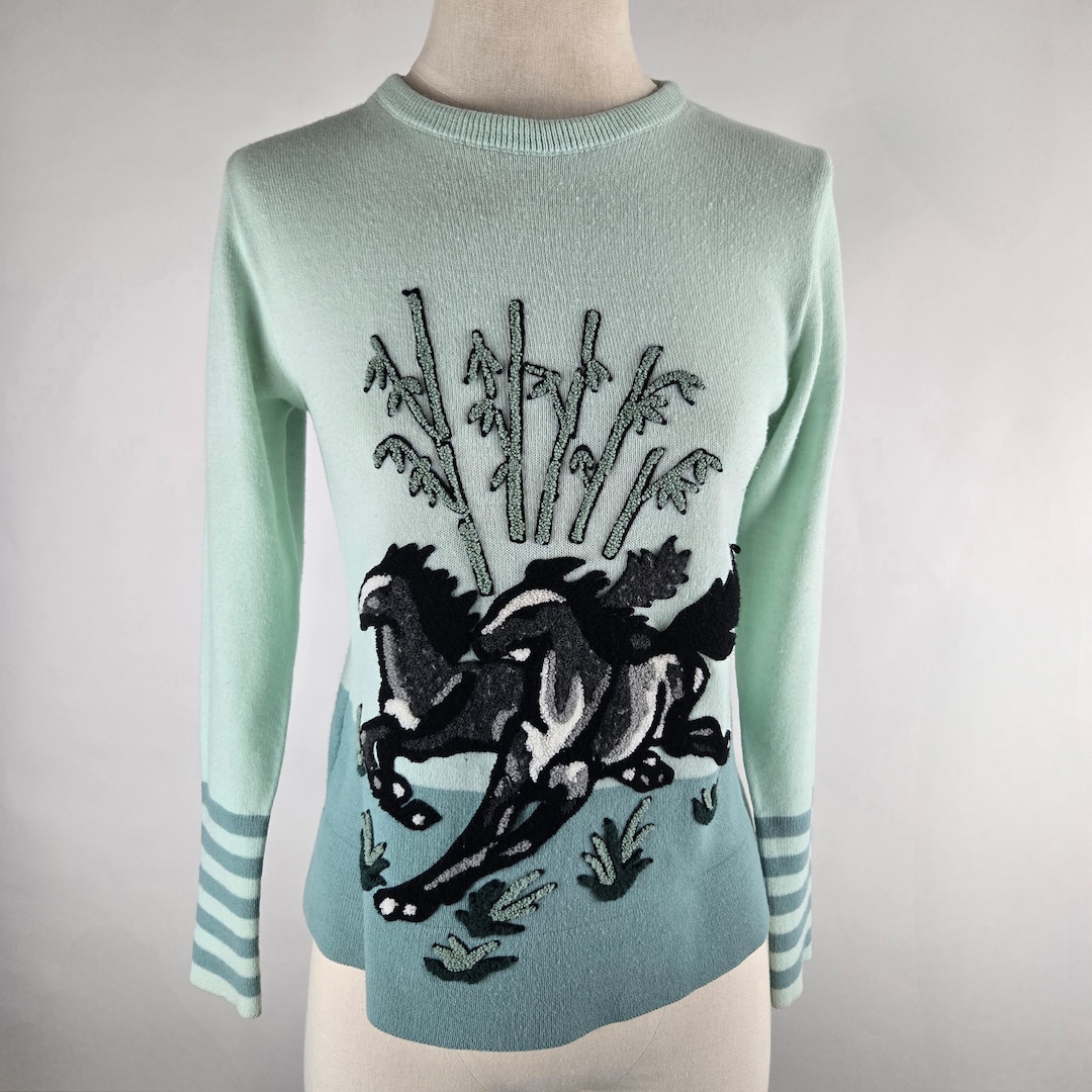 Vintage 70's Tiffany Manor Embroidered Sweater Size M Horses Shades of ...