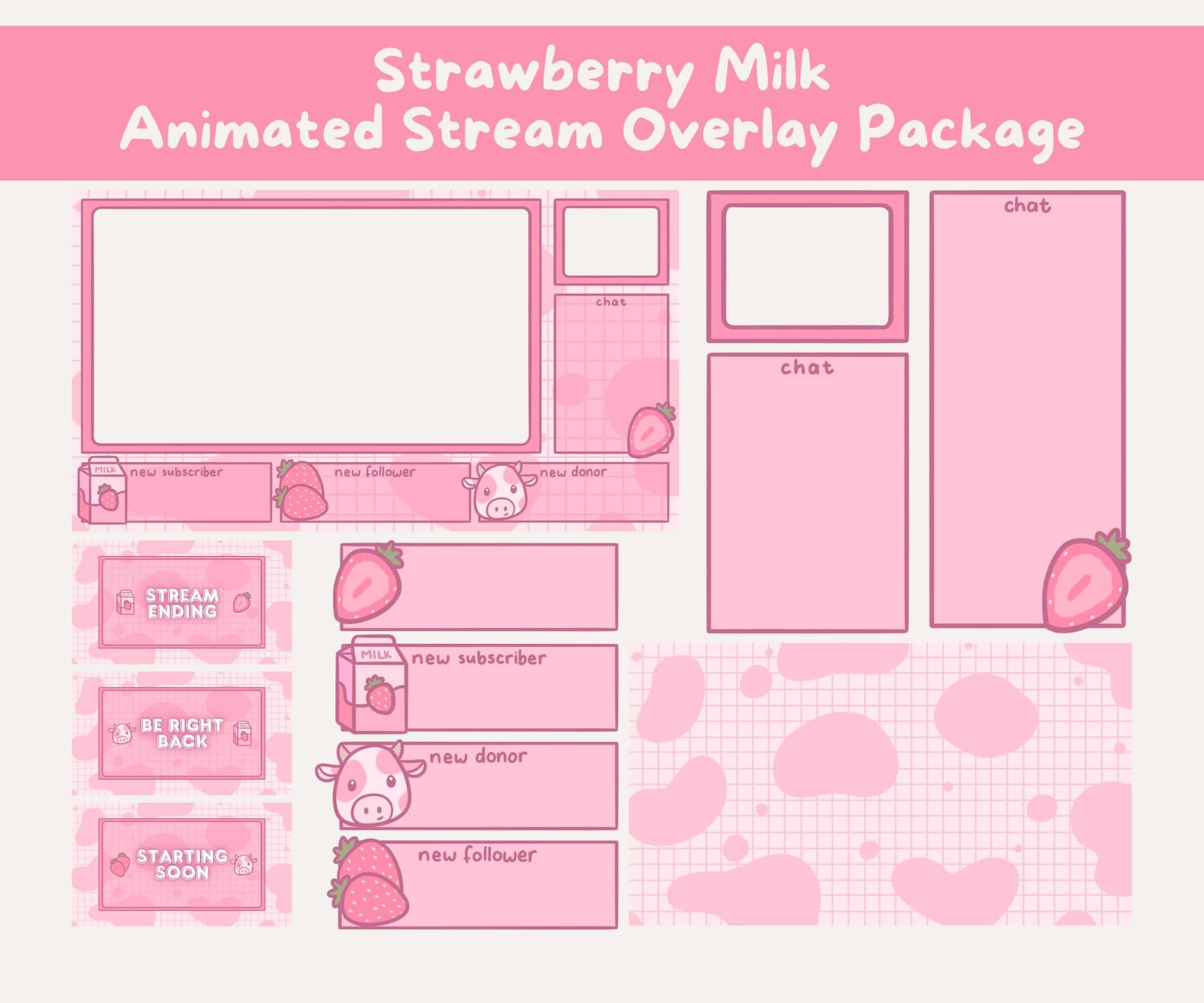 Cute Strawberry Milk Stream Overlay Pack | Pink Cow Aesthetic Streaming ...