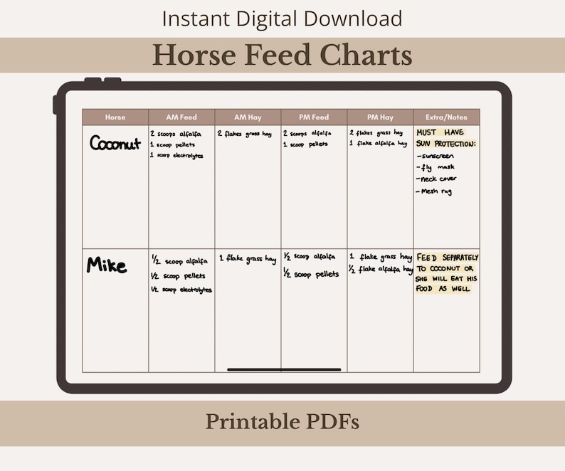 Horse Feed Charts | Equestrian Printable Stable Organisation Sheet | A4 ...