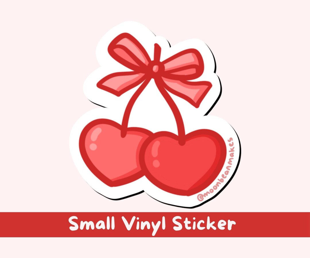 Love Heart Cherries Small Vinyl Kiss-cut Sticker | Cute Romantic ...