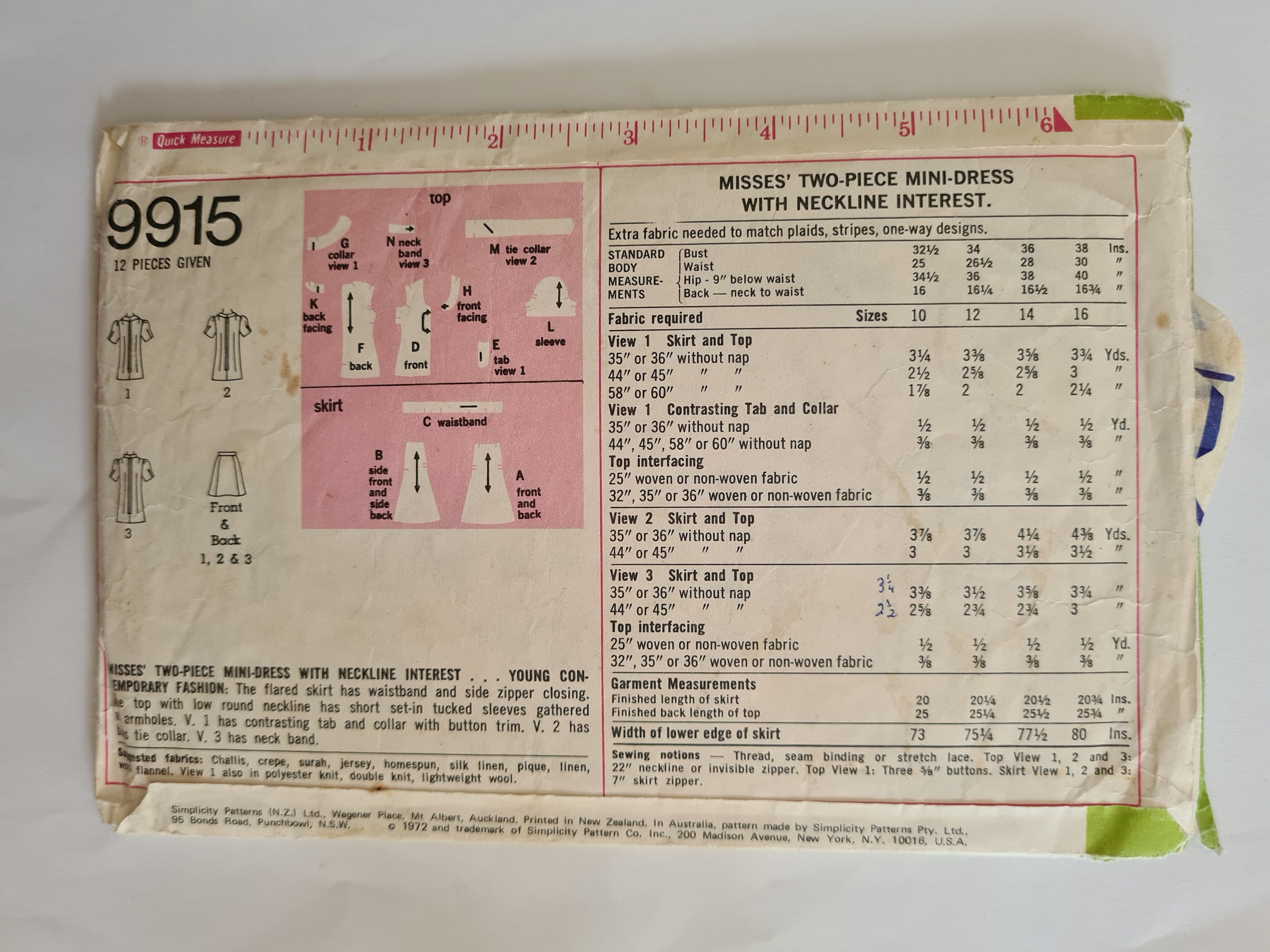 9915 Simplicity Pattern Womens Two-piece Mini-dress With Neckline ...