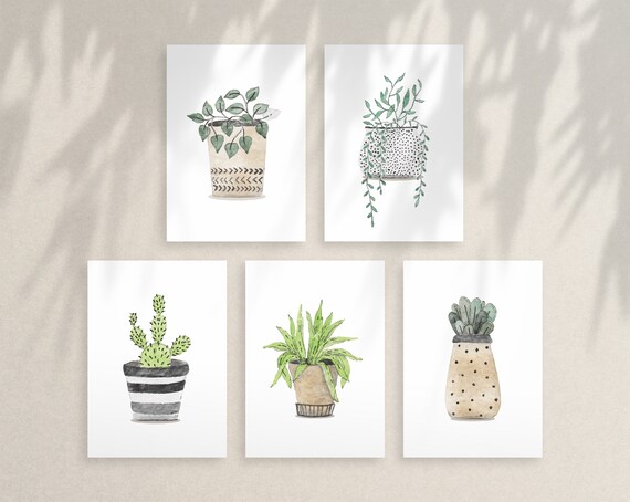 House Plant Botanical Print Set of 5 Prints Wall Art Set - Etsy